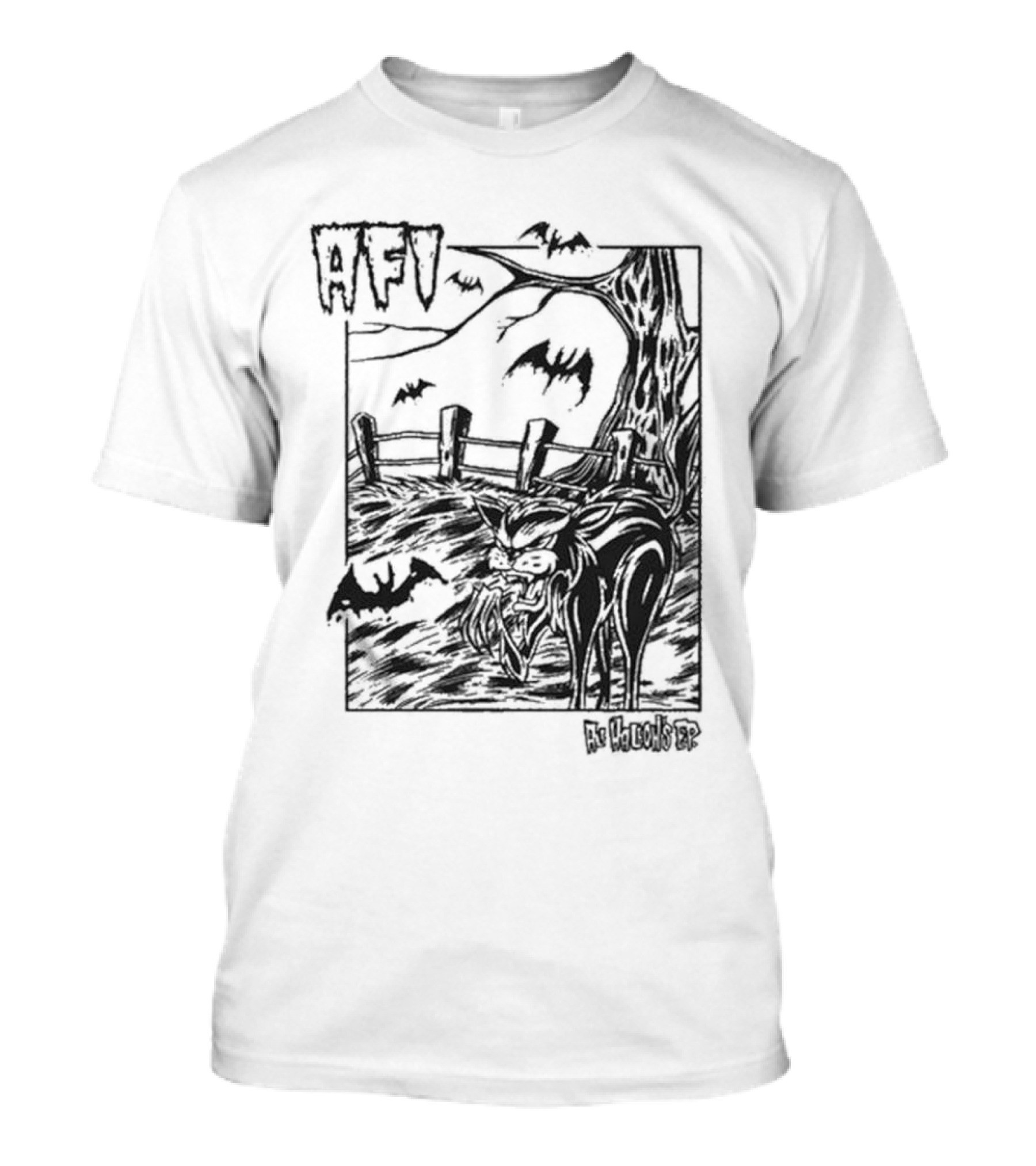 AFI All Hallow's Eve Bats And Black Cat In Haunted Scene T-Shirt