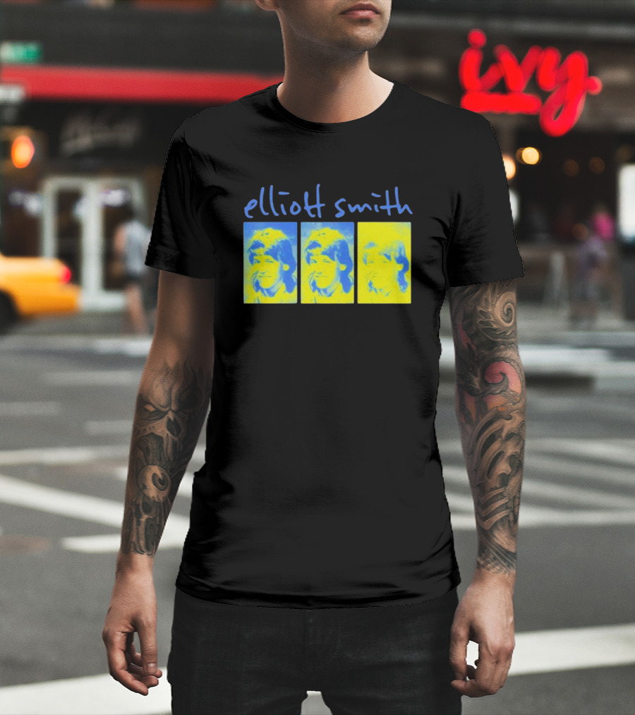 Elliott Smith Triple Portrait Blue Yellow Panels T-Shirt