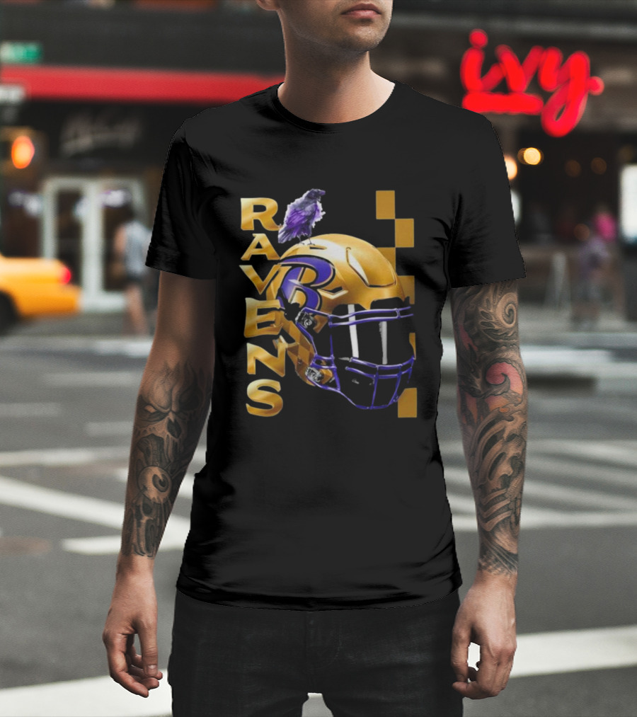 Ravens Gold Helmet With Purple B And Crow T-Shirt