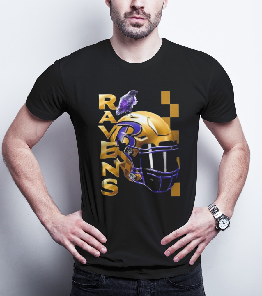 Ravens Gold Helmet With Purple B And Crow T-Shirt
