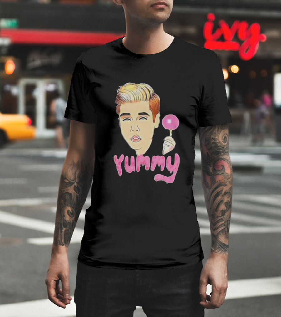 Yummy Justin Bieber Cartoon Face Lollipop T-Shirt