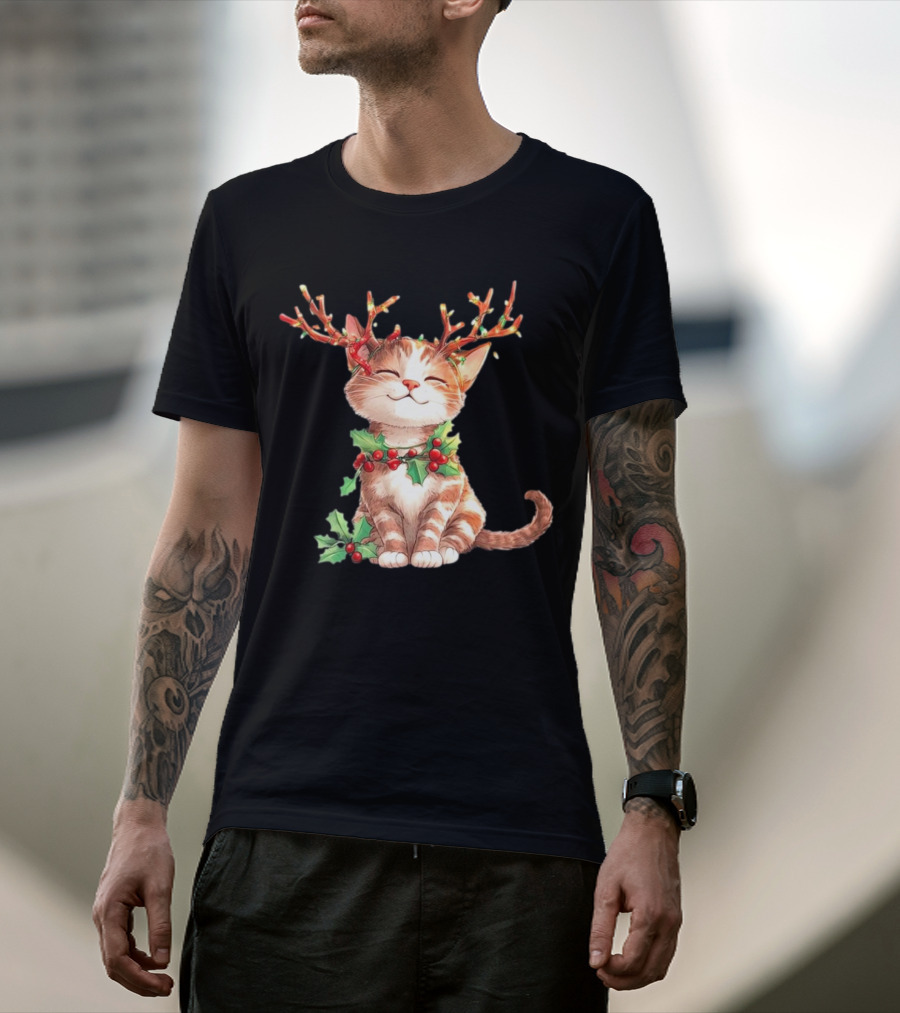 Cute Cat With Reindeer Antlers And Christmas Tree Lights T-Shirt