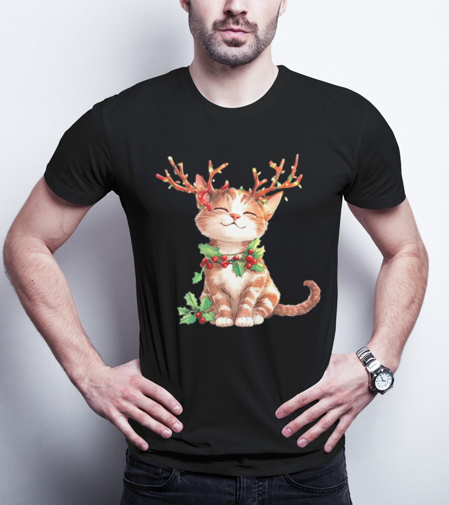 Cute Cat With Reindeer Antlers And Christmas Tree Lights T-Shirt