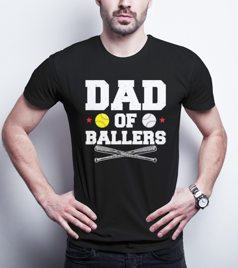 Dad Of Ballers Baseball Softball Crossed Bats Yellow White Balls Red Stars T-Shirt