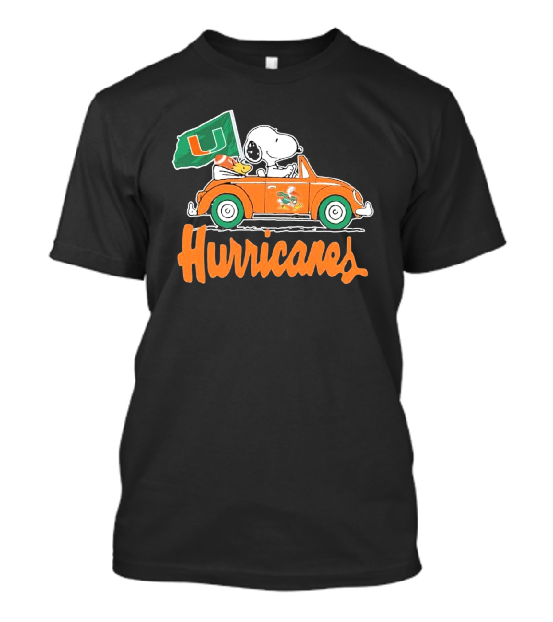 Peanuts Snoopy Woodstock Miami Hurricanes Car Driving With Flag T-Shirt