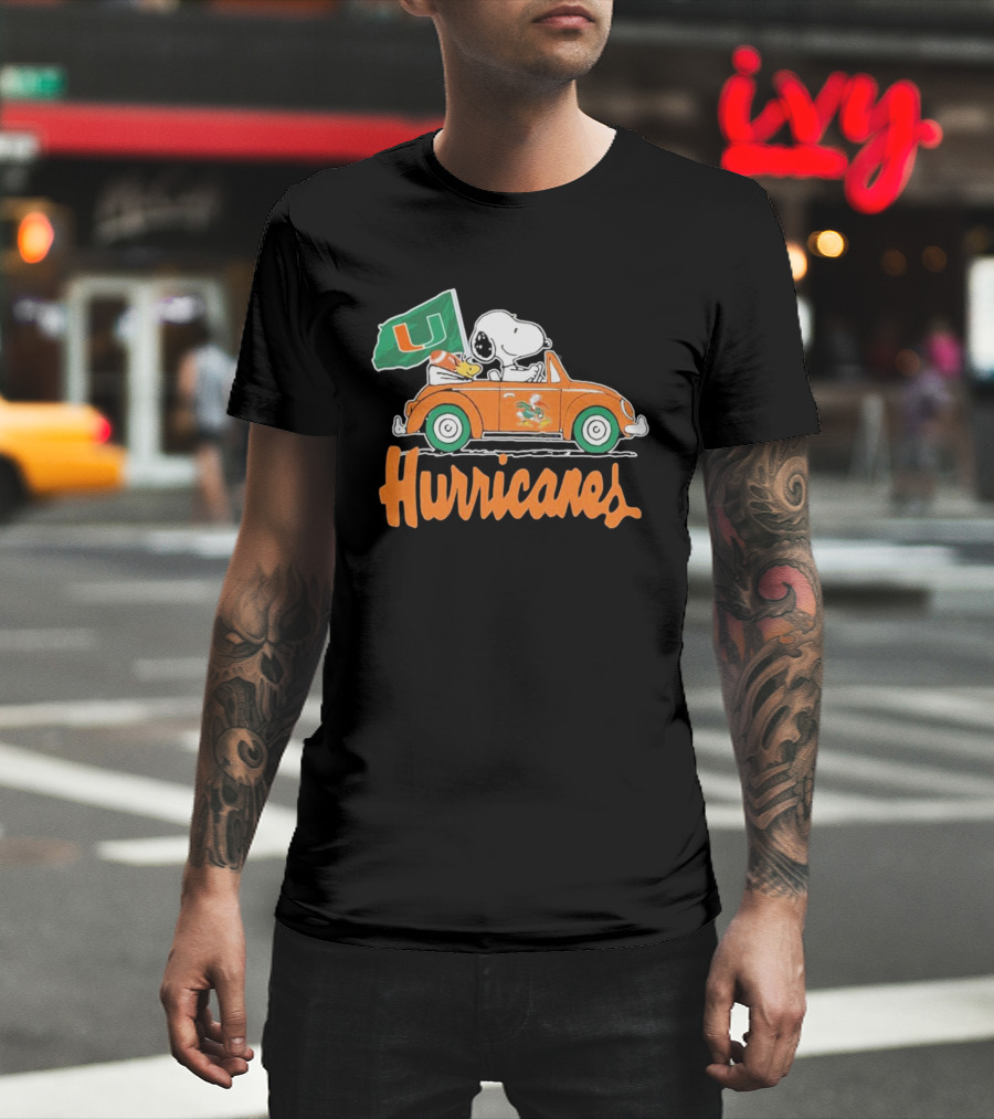 Peanuts Snoopy Woodstock Miami Hurricanes Car Driving With Flag T-Shirt