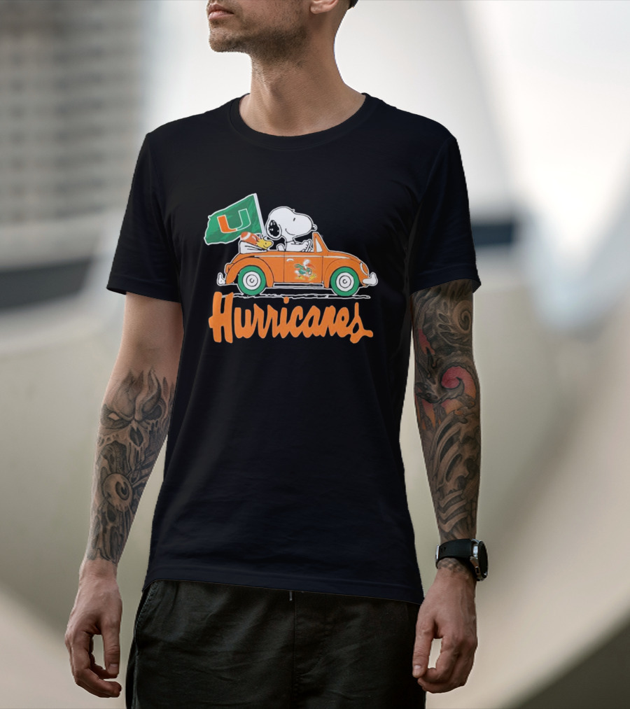 Peanuts Snoopy Woodstock Miami Hurricanes Car Driving With Flag T-Shirt