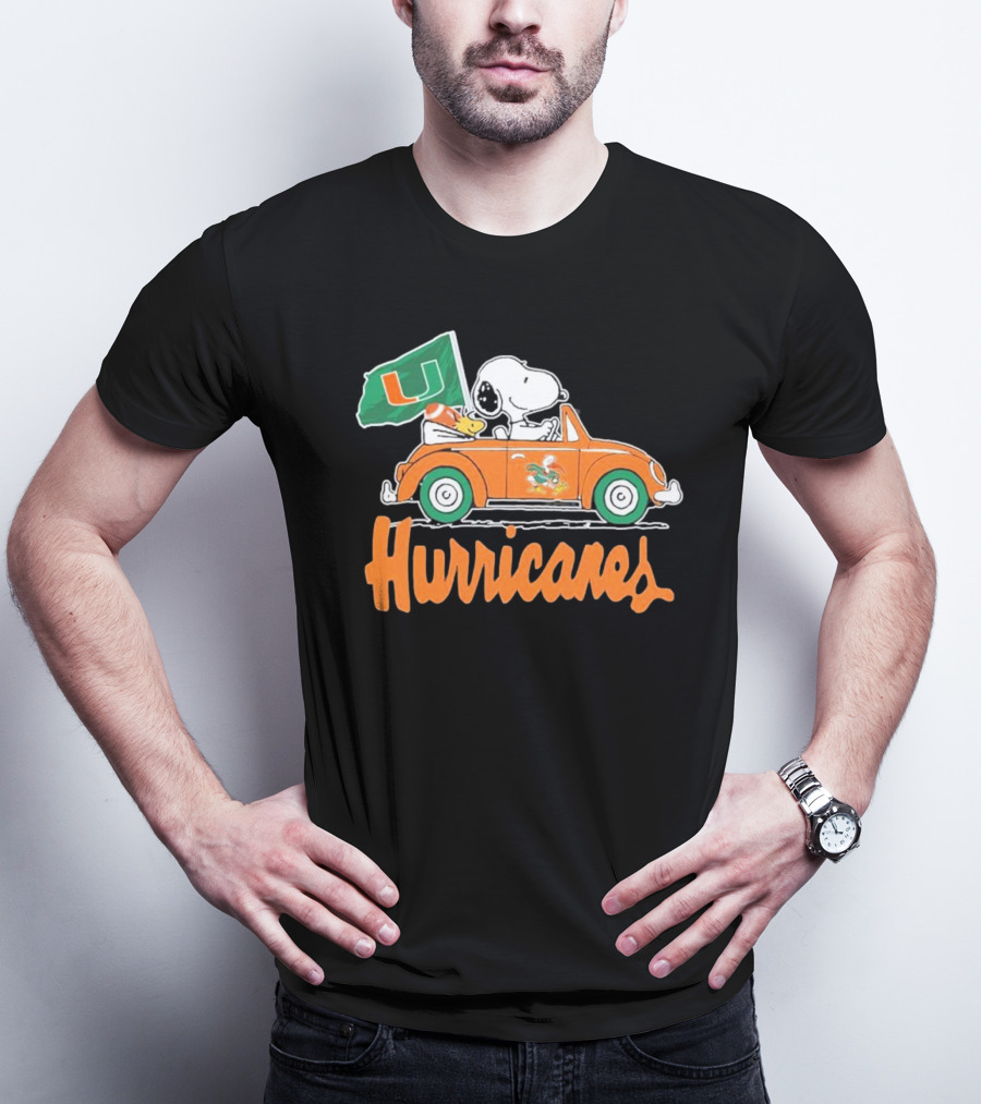 Peanuts Snoopy Woodstock Miami Hurricanes Car Driving With Flag T-Shirt