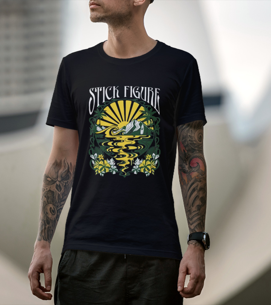 Stick Figure Run Run River Event Island Sun And Palm Trees T-Shirt