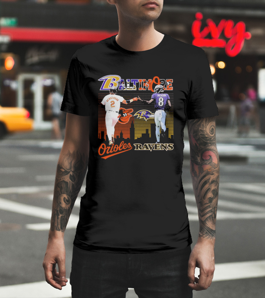 Baltimore Orioles Gunnar Henderson Baltimore Ravens Lamar Jackson City Skyline T-Shirt