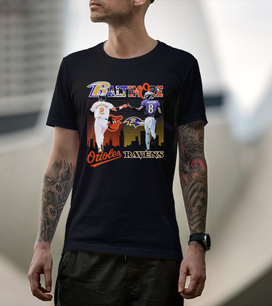 Baltimore Orioles Gunnar Henderson Baltimore Ravens Lamar Jackson City Skyline T-Shirt