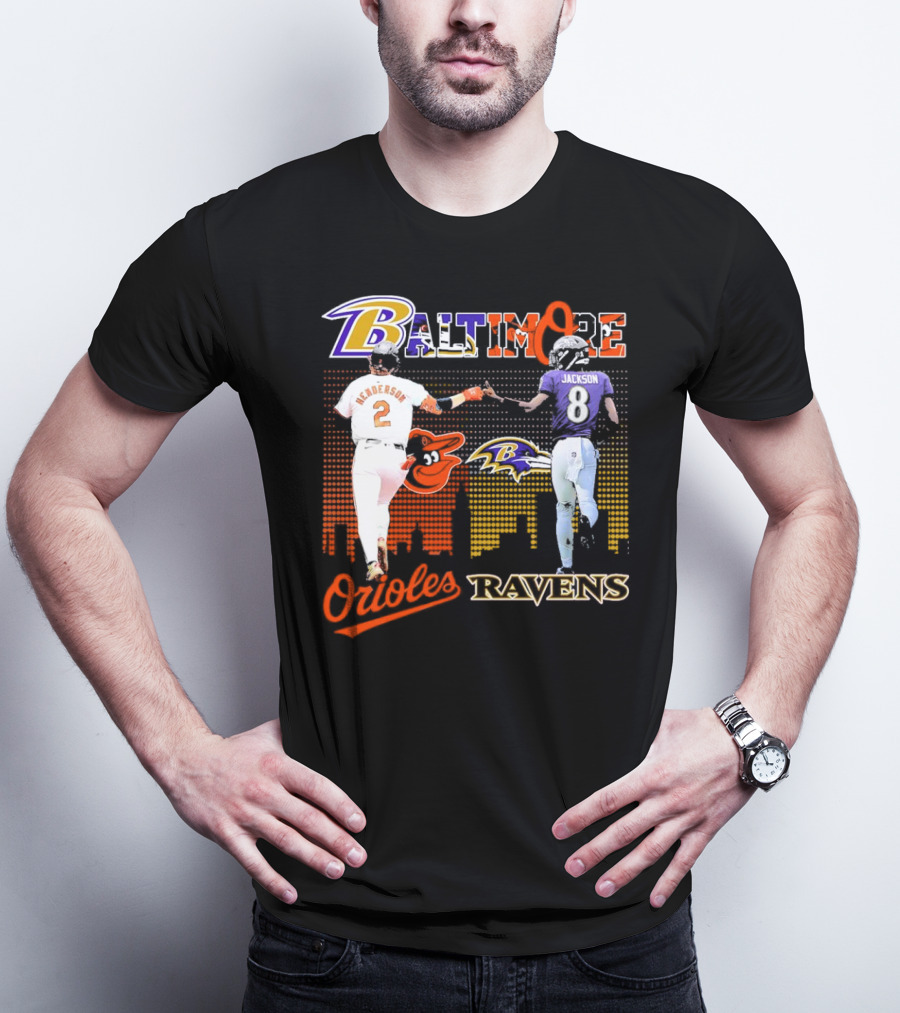 Baltimore Orioles Gunnar Henderson Baltimore Ravens Lamar Jackson City Skyline T-Shirt