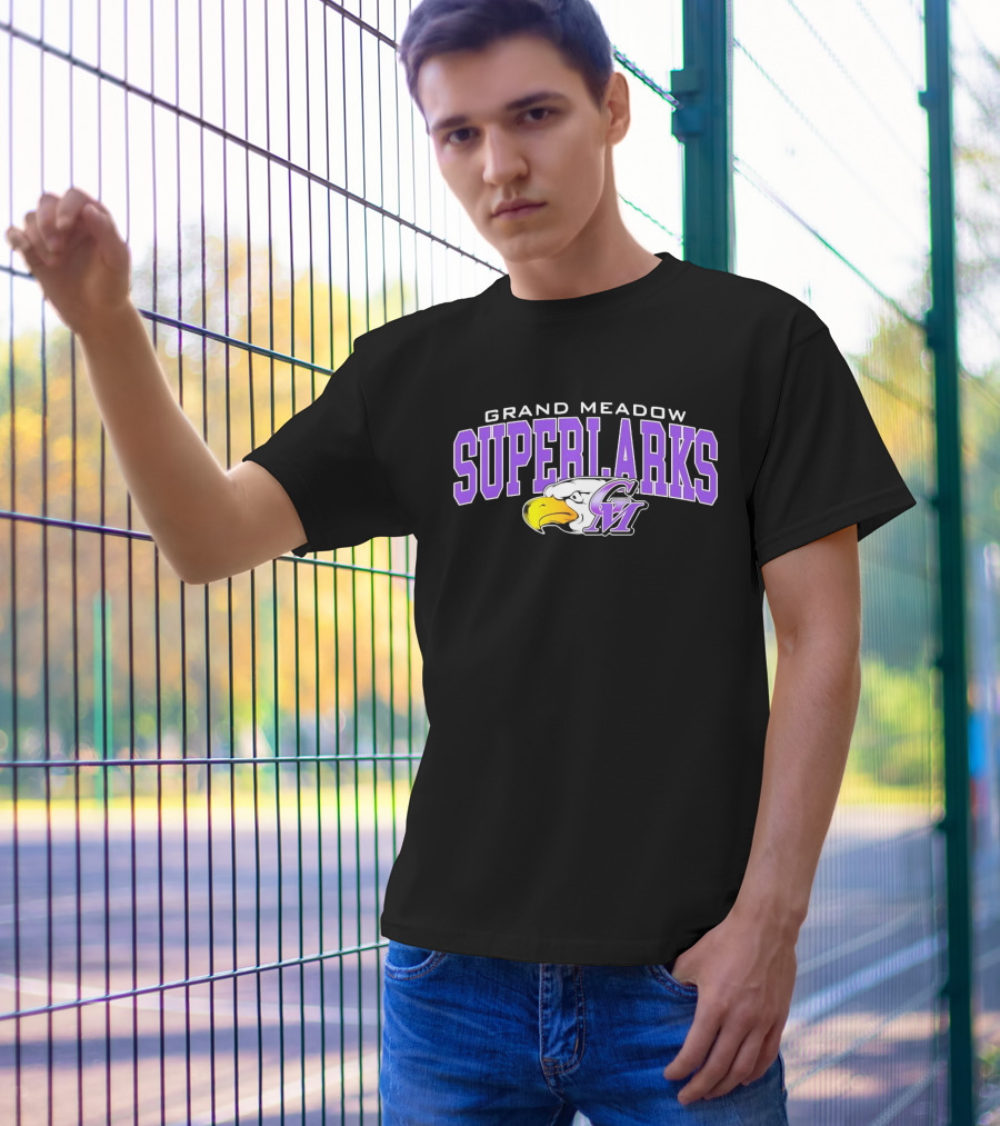 Grand Meadow Superlarks GM Eagle Logo Purple And Yellow T-Shirt
