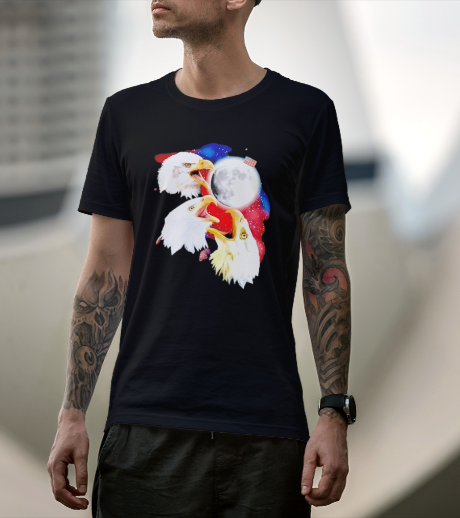 Three Eagles To The Moon American Flag Lunar Trio T-Shirt
