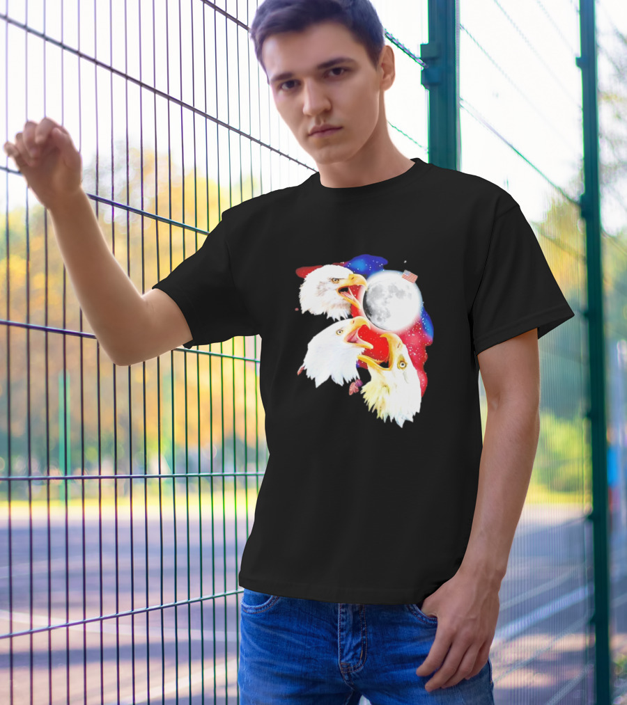 Three Eagles To The Moon American Flag Lunar Trio T-Shirt