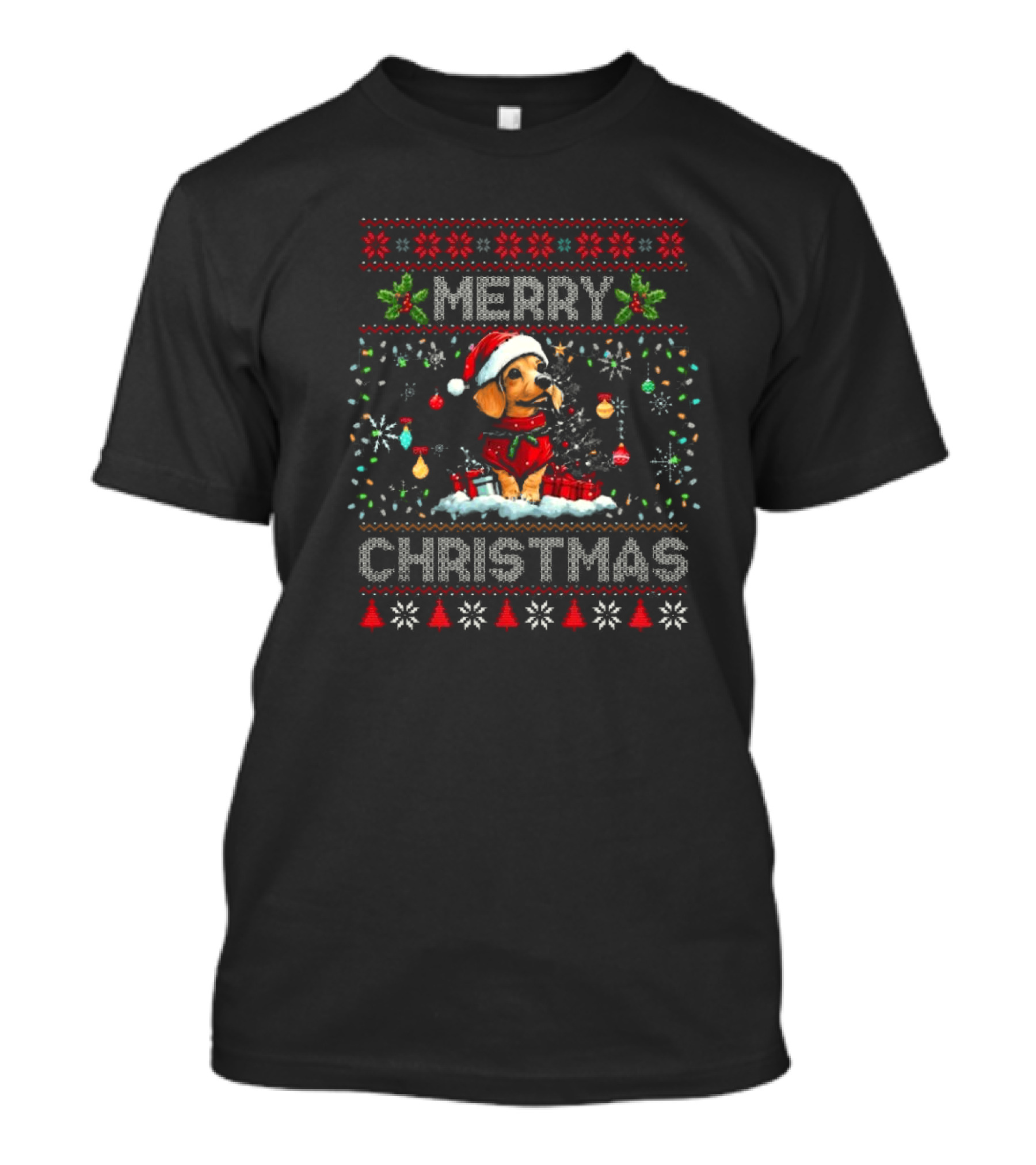 Merry Christmas Dachshund With Santa Hat And Holiday Lights Decorations Dog Lover Xmas T-Shirt