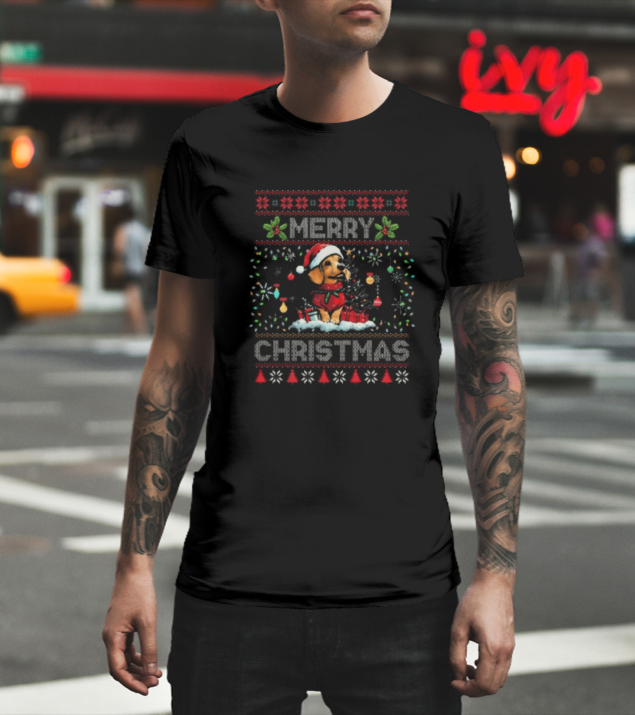 Merry Christmas Dachshund With Santa Hat And Holiday Lights Decorations Dog Lover Xmas T-Shirt