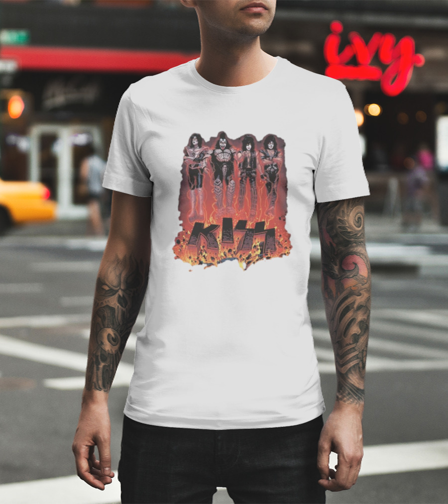 KISS Band Members Surrounded By Flames T-Shirt