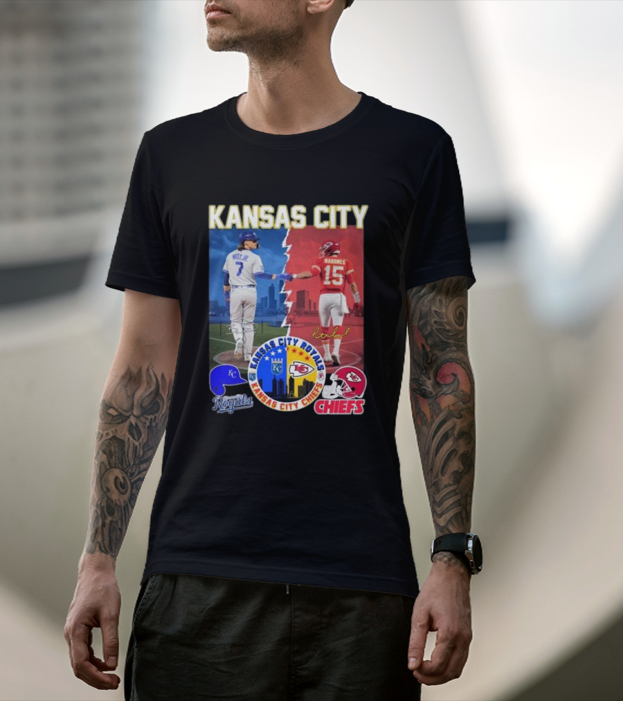 Kansas City Royals Bobby Witt Jr And Chiefs Patrick Mahomes Skyline Logos And Signatures T-Shirt