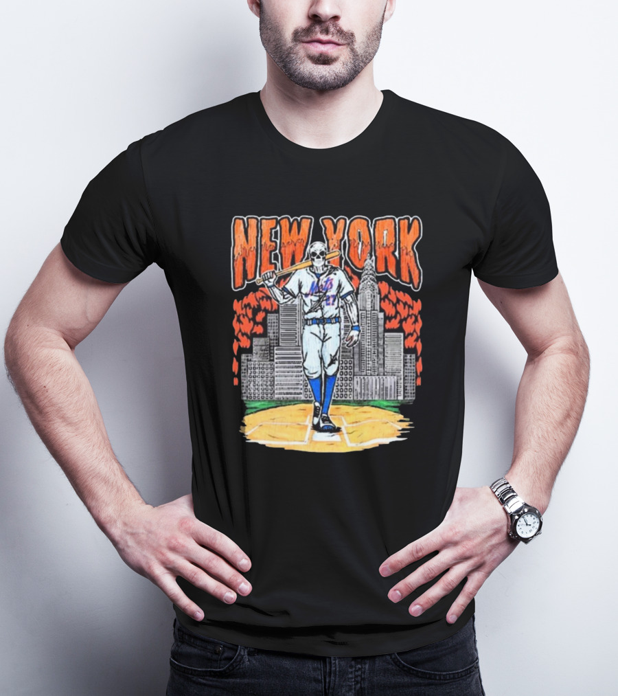 Reed Garrett New York Mets MLB Painting Skeleton Batter City Skyline T-Shirt