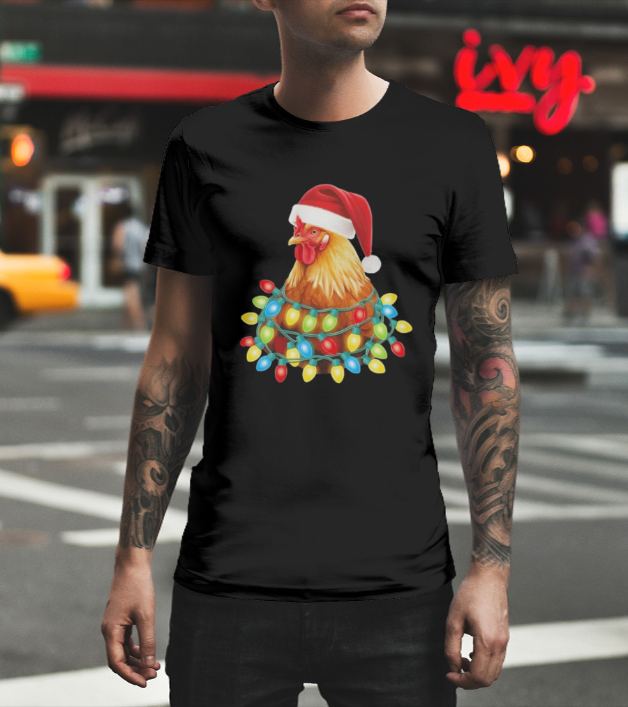 Santa Chicken Christmas Lights Festive Hilarious T-Shirt