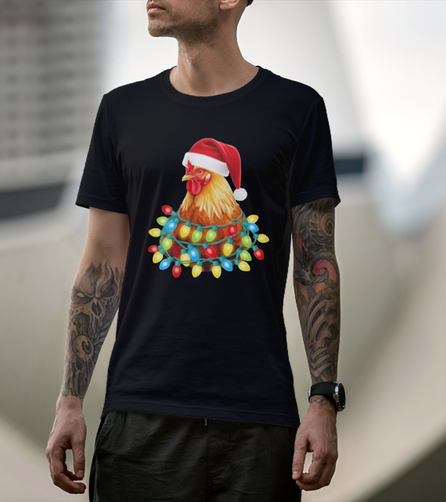 Santa Chicken Christmas Lights Festive Hilarious T-Shirt