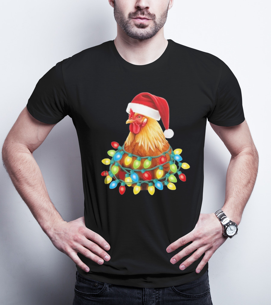 Santa Chicken Christmas Lights Festive Hilarious T-Shirt