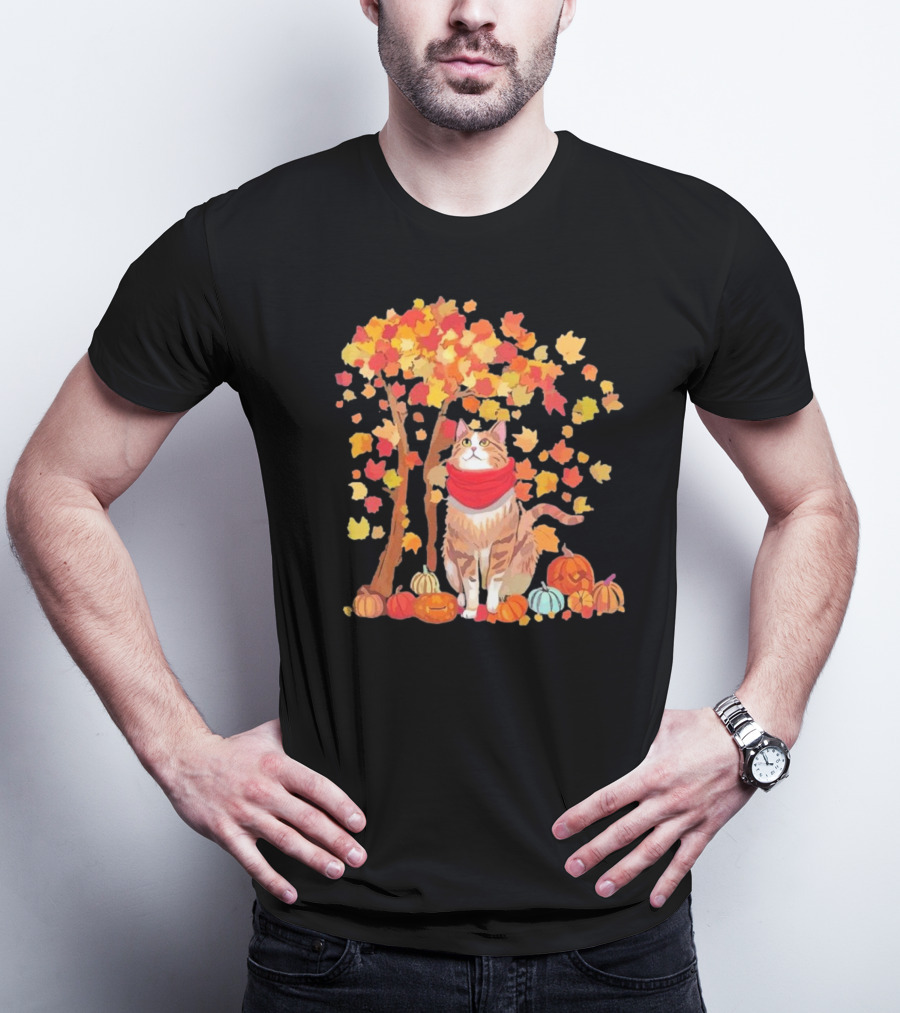 ItS Fall YAll Cat Leaf Fall Tree Hello Autumn Thanksgiving Pumpkin Scarf T-Shirt