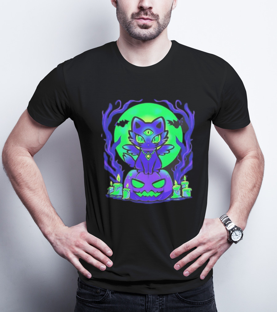 Spooky Moonlit Cat With Glowing Pumpkins And Bats T-Shirt