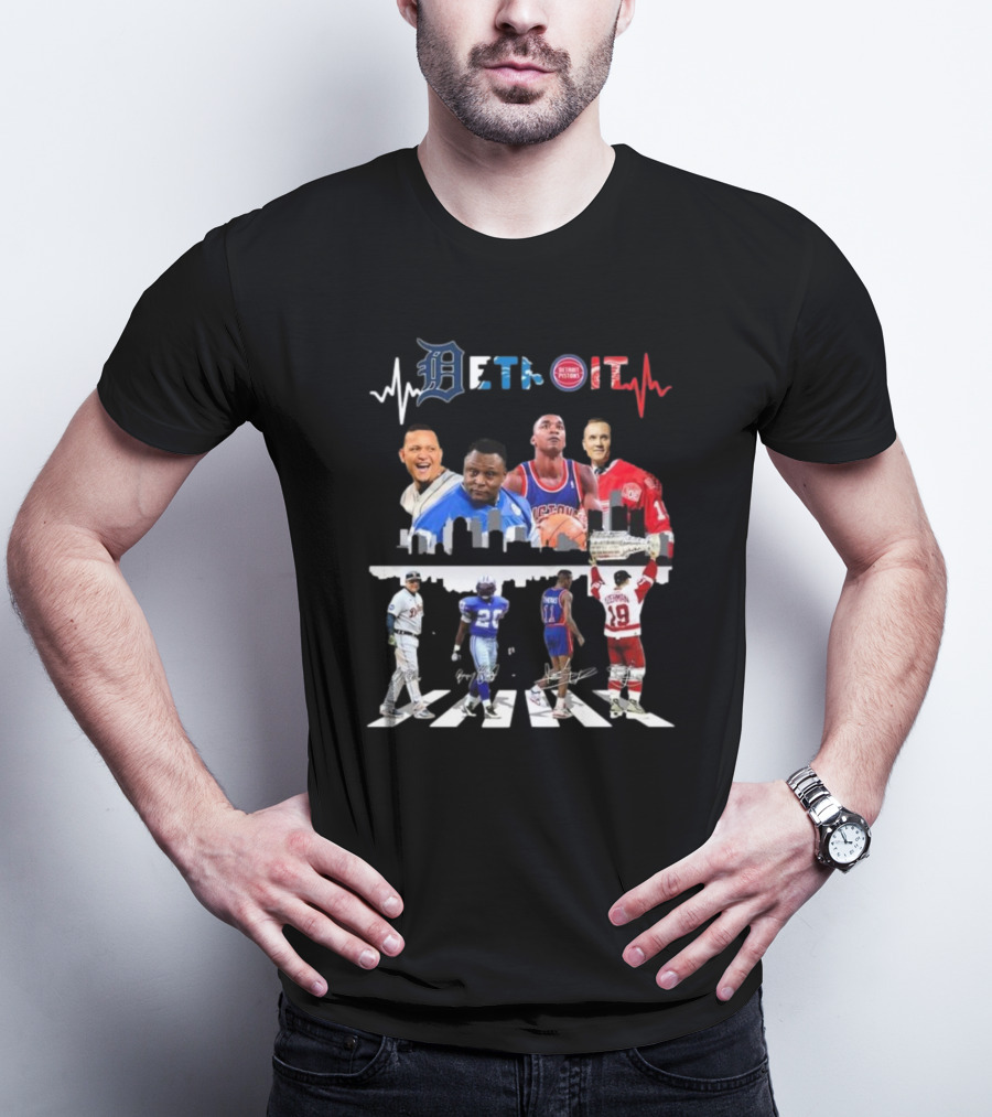 Detroit Tigers Lions Pistons Red Wings Legends Signatures Detroit Skyline Abbey Road T-Shirt