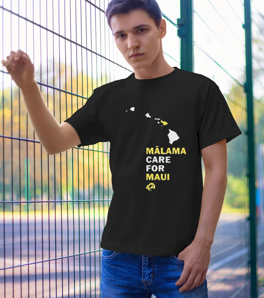 Mālama Care For Maui Los Angeles Rams Support With Hawaiian Islands Map T-Shirt