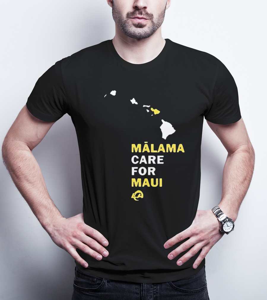 Mālama Care For Maui Los Angeles Rams Support With Hawaiian Islands Map T-Shirt