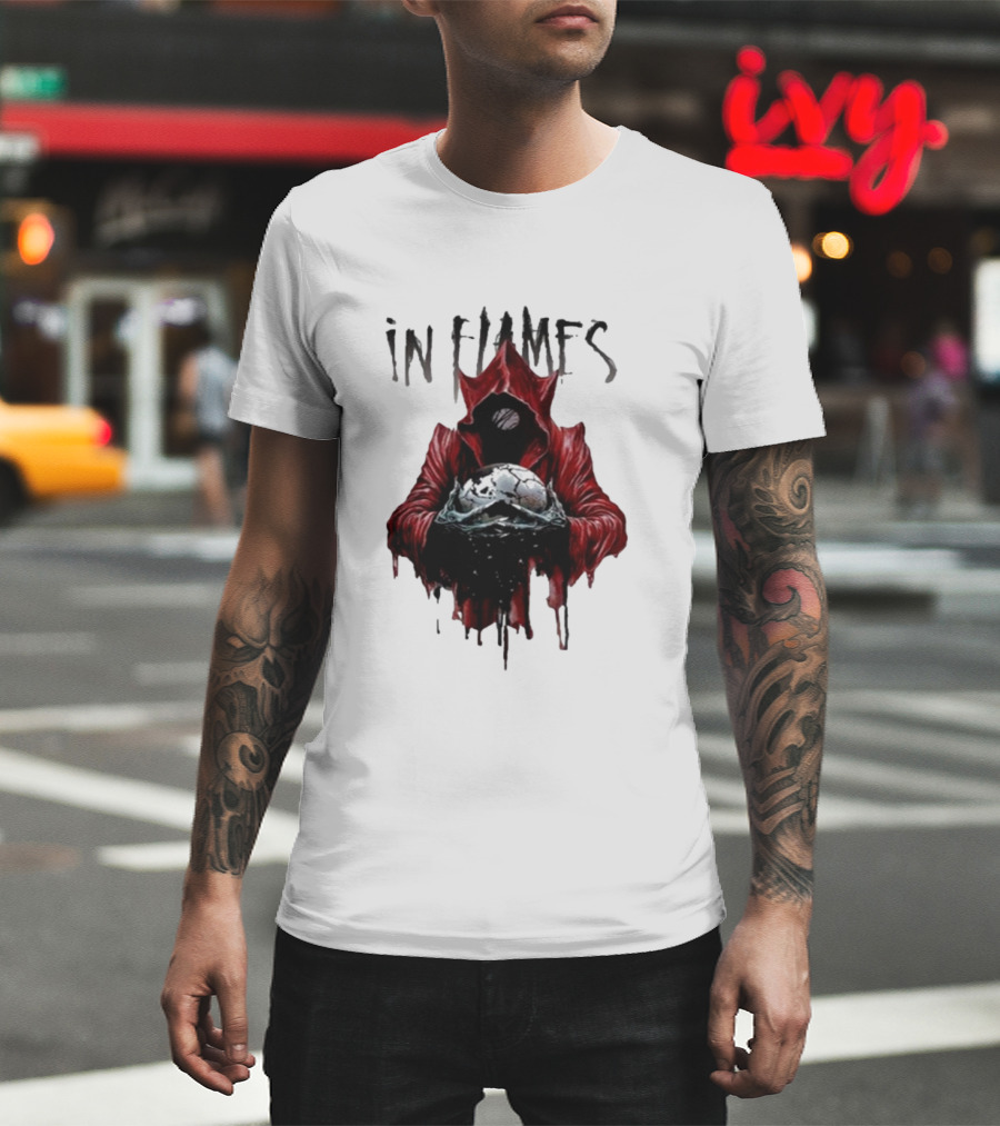 In Flames Siren Charms Red Hooded Figure Holding Cracked Mask T-Shirt