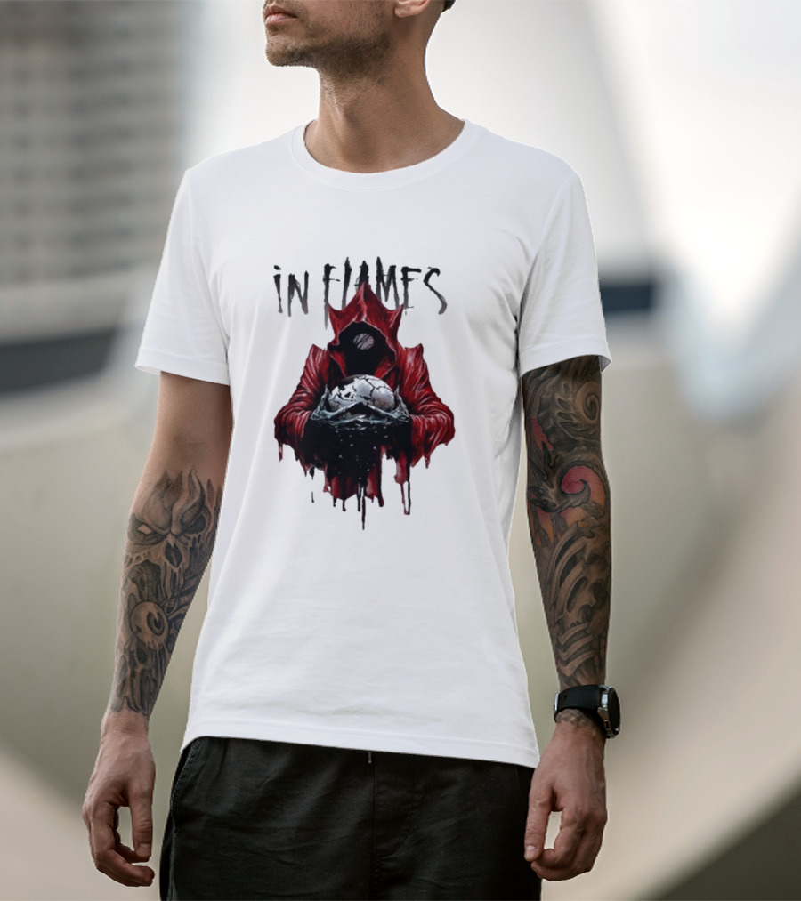 In Flames Siren Charms Red Hooded Figure Holding Cracked Mask T-Shirt
