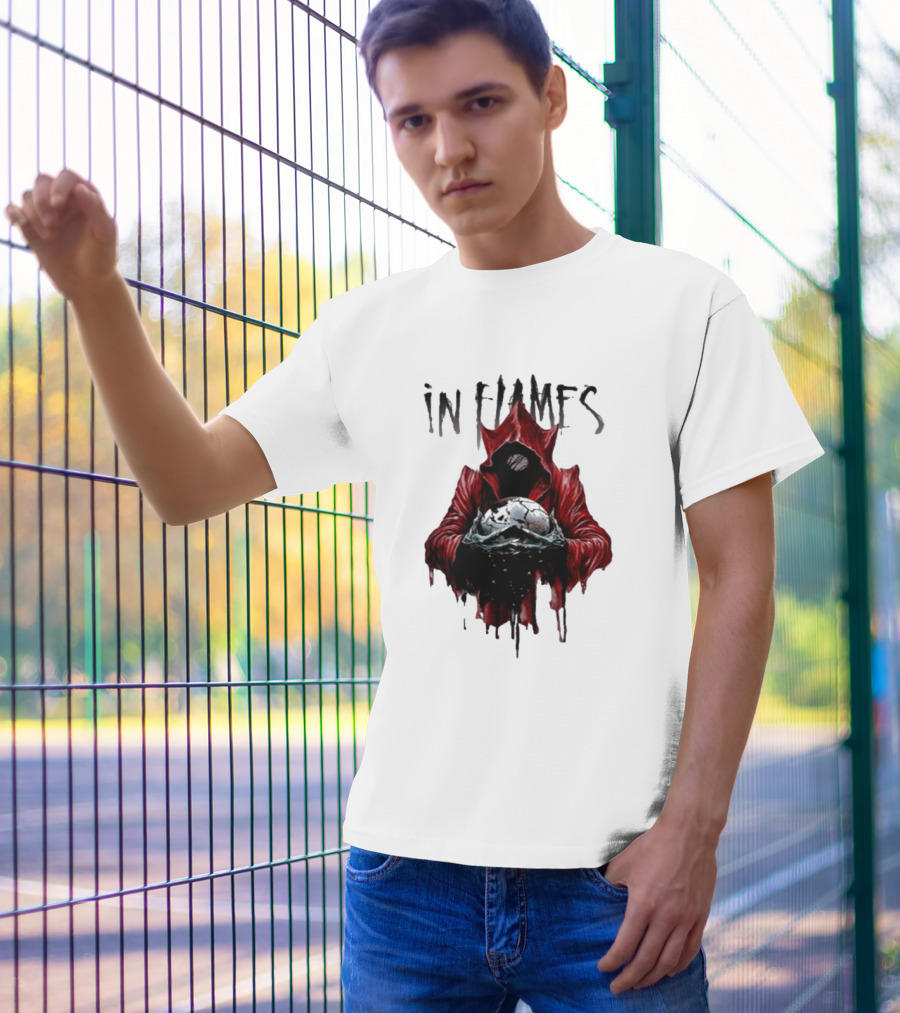 In Flames Siren Charms Red Hooded Figure Holding Cracked Mask T-Shirt