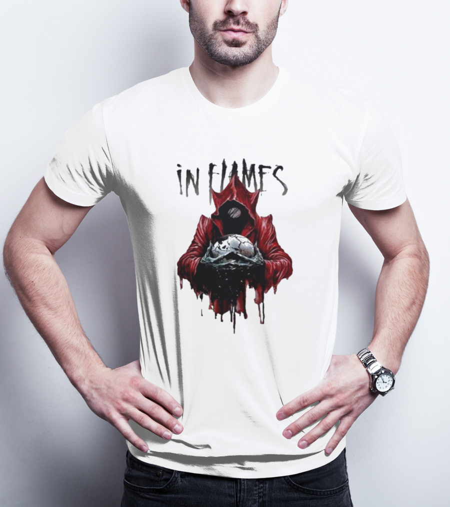 In Flames Siren Charms Red Hooded Figure Holding Cracked Mask T-Shirt