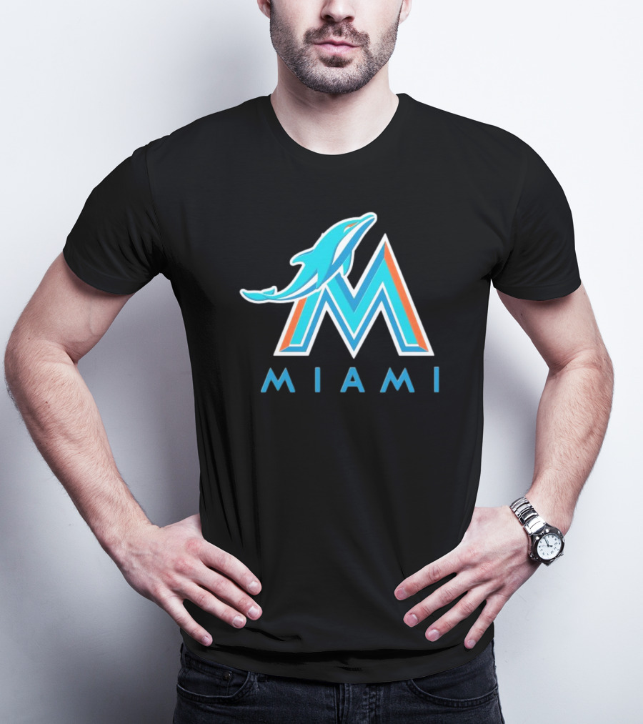 NFL X MLB Miami Dolphins X Miami Marlins M Logo Mashup Miami T-Shirt