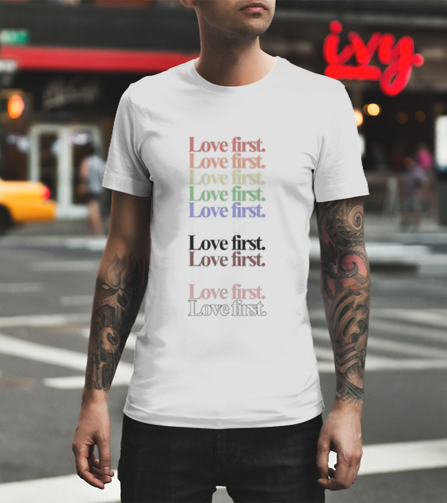 James Woods Love First Rainbow Pride Repeated Text T-Shirt
