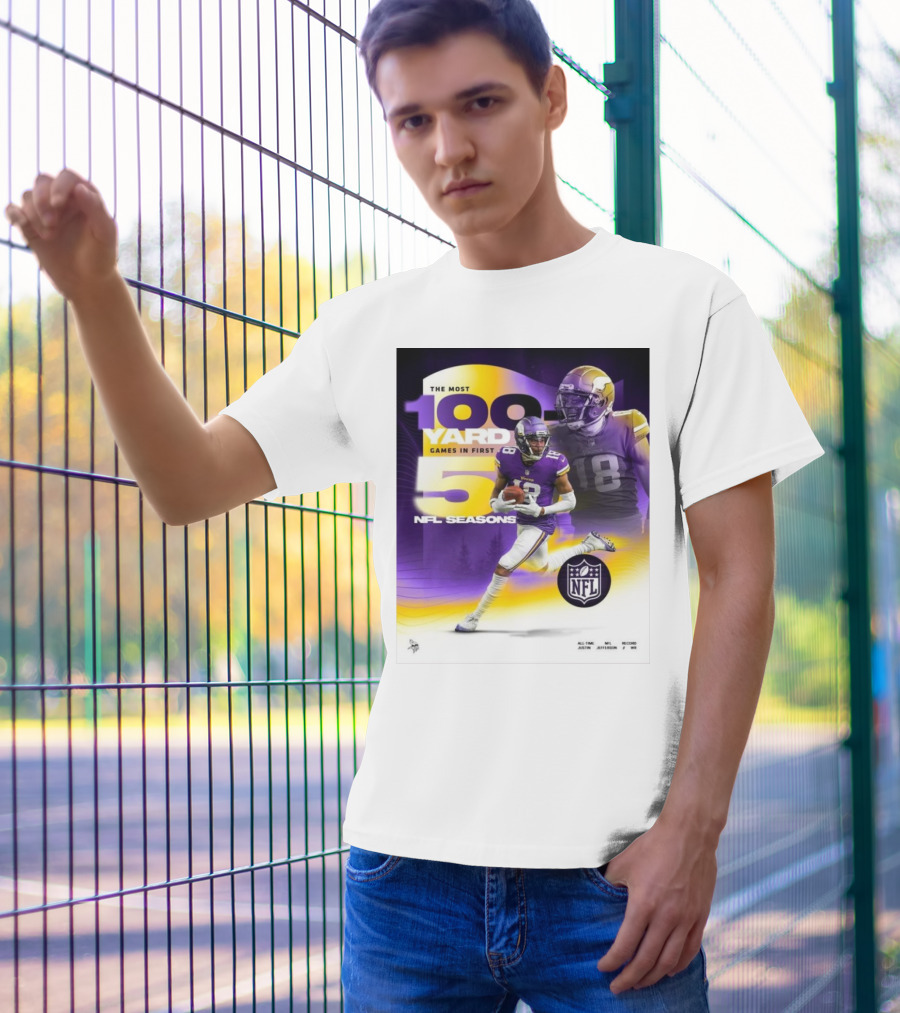 The Most 100 Yard Games In First 5 NFL Seasons Minnesota Vikings Justin Jefferson T-Shirt