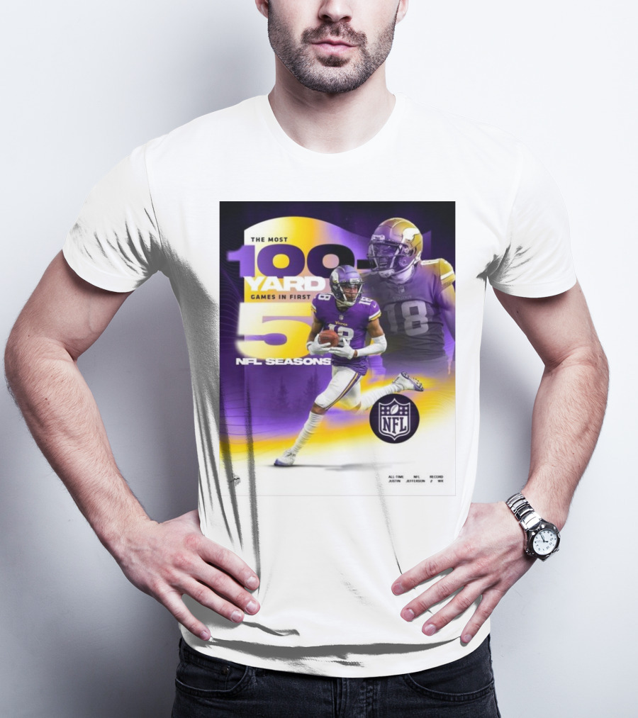 The Most 100 Yard Games In First 5 NFL Seasons Minnesota Vikings Justin Jefferson T-Shirt
