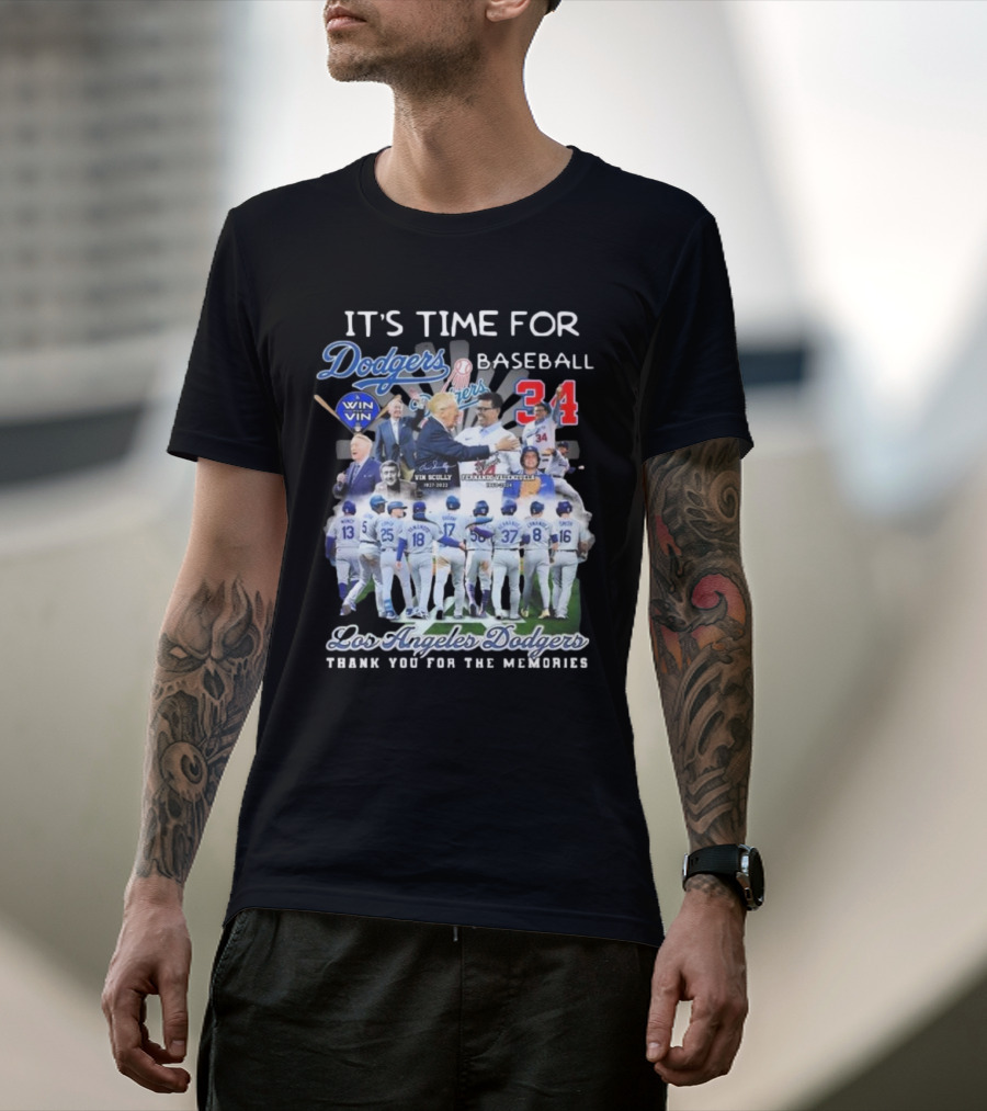 Los Angeles Dodgers It's Time For Baseball Thank You For The Memories Vin Scully 34 Signatures T-Shirt