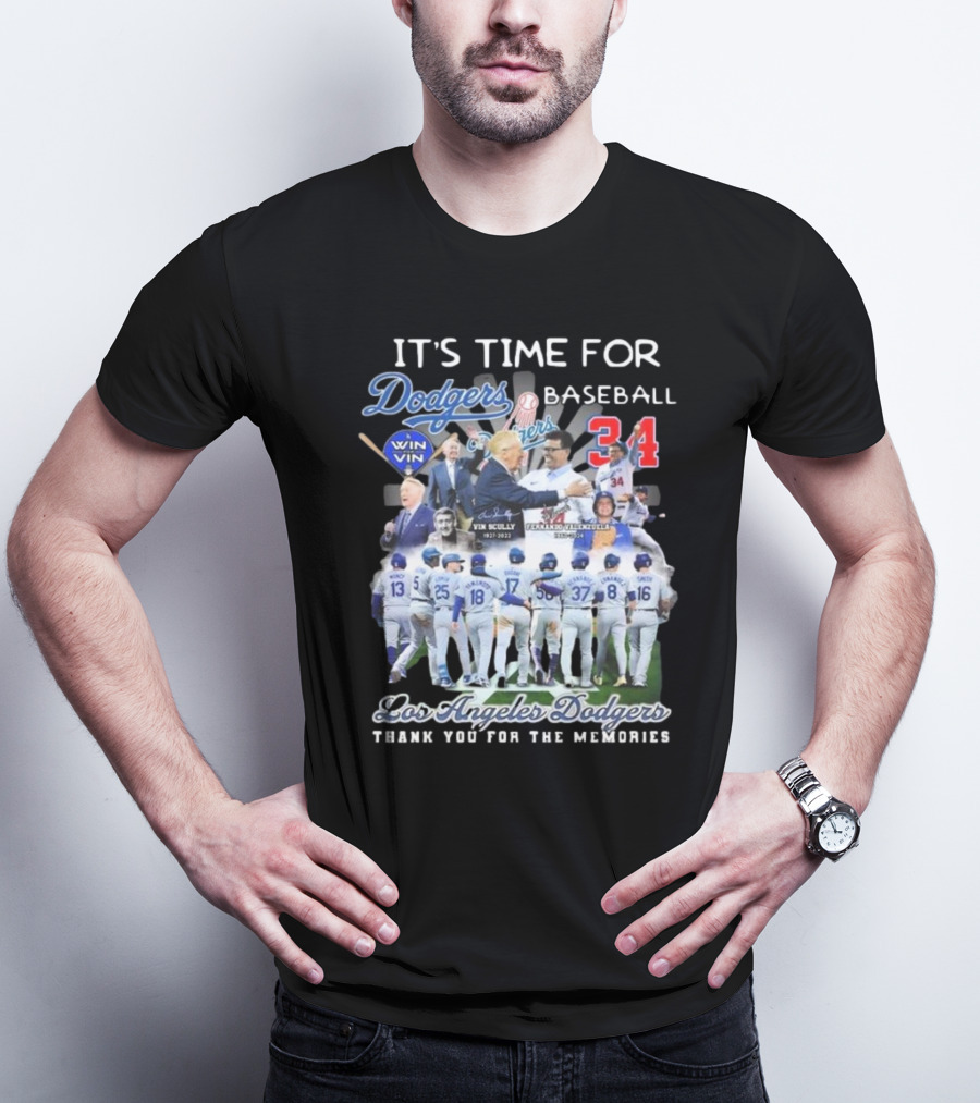 Los Angeles Dodgers It's Time For Baseball Thank You For The Memories Vin Scully 34 Signatures T-Shirt
