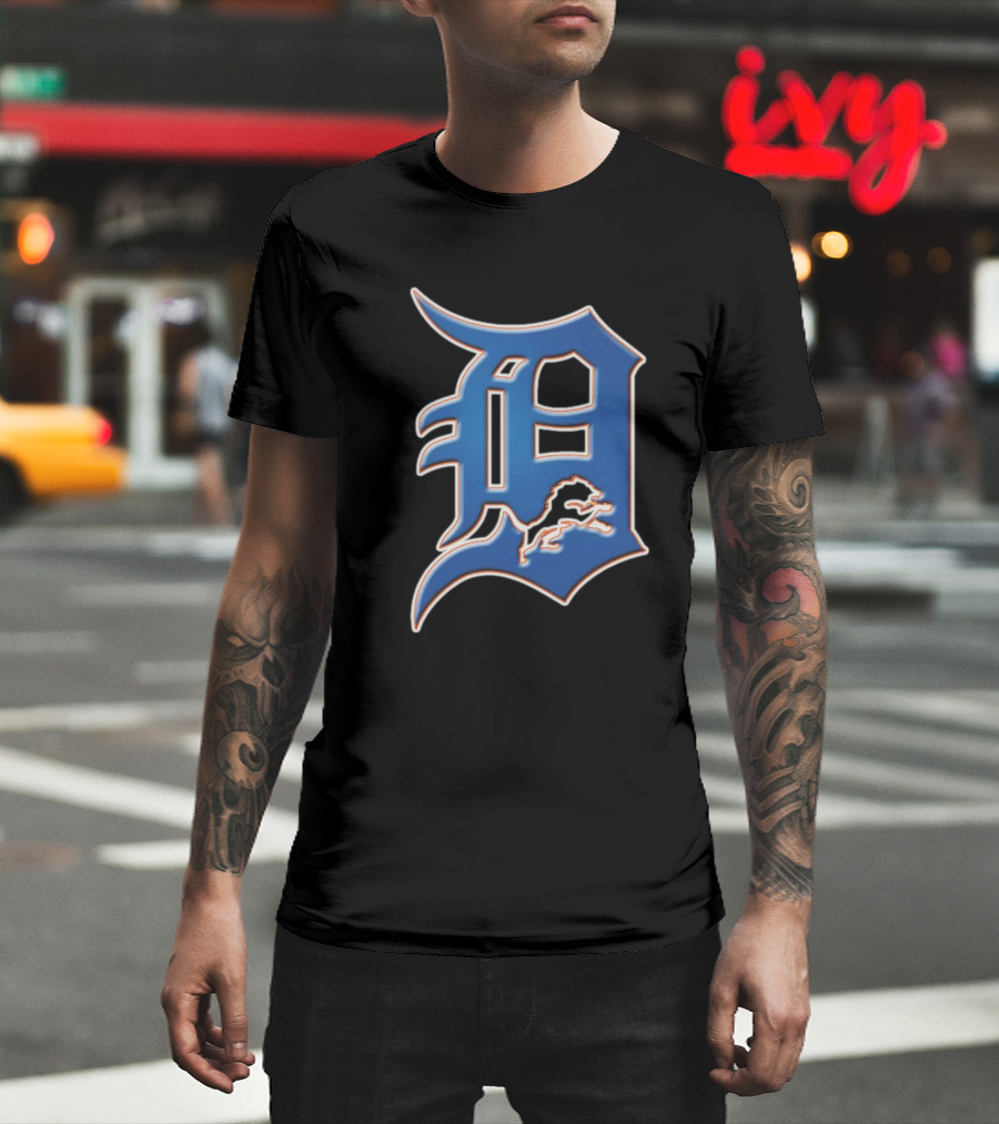 Detroit Lions Tigers Logo Mashup NFL MLB Blue D T-Shirt