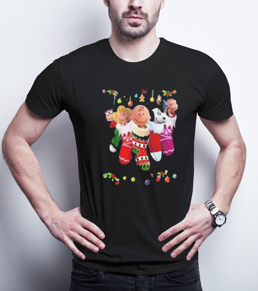 Peanuts Snoopy Charlie Brown Christmas Stockings Santa Claus Friends Holiday Cheer T-Shirt