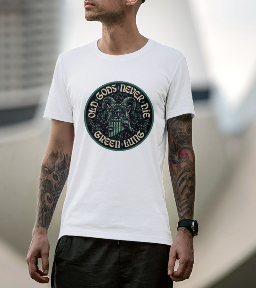Green Lung Old Gods Never Die Pagan Horned Creature Playing Pan Flute T-Shirt