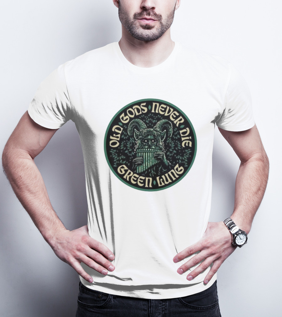 Green Lung Old Gods Never Die Pagan Horned Creature Playing Pan Flute T-Shirt