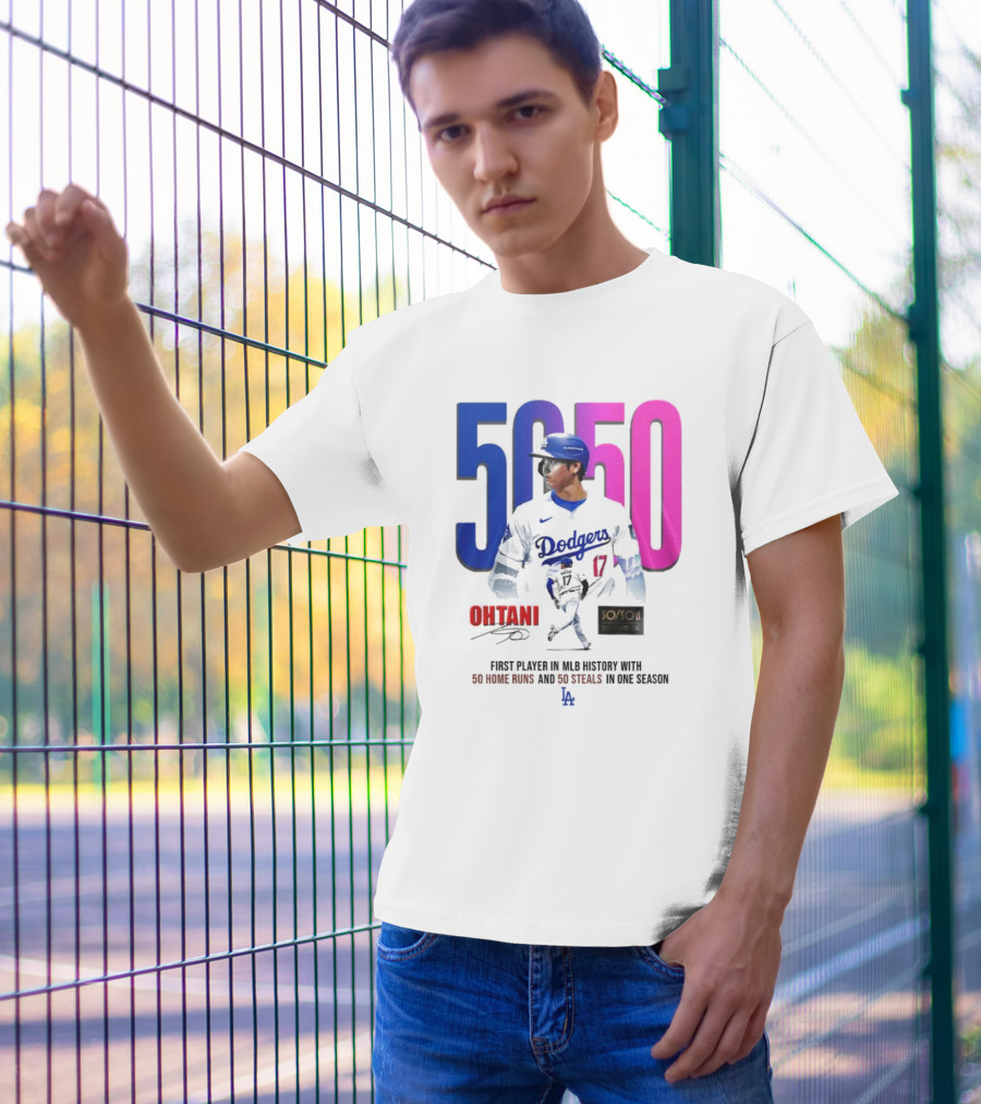 Los Angeles Dodgers Shohei Ohtani 50/50 First Player In MLB History With 50 Home Runs And 50 Steals In One Season T-Shirt