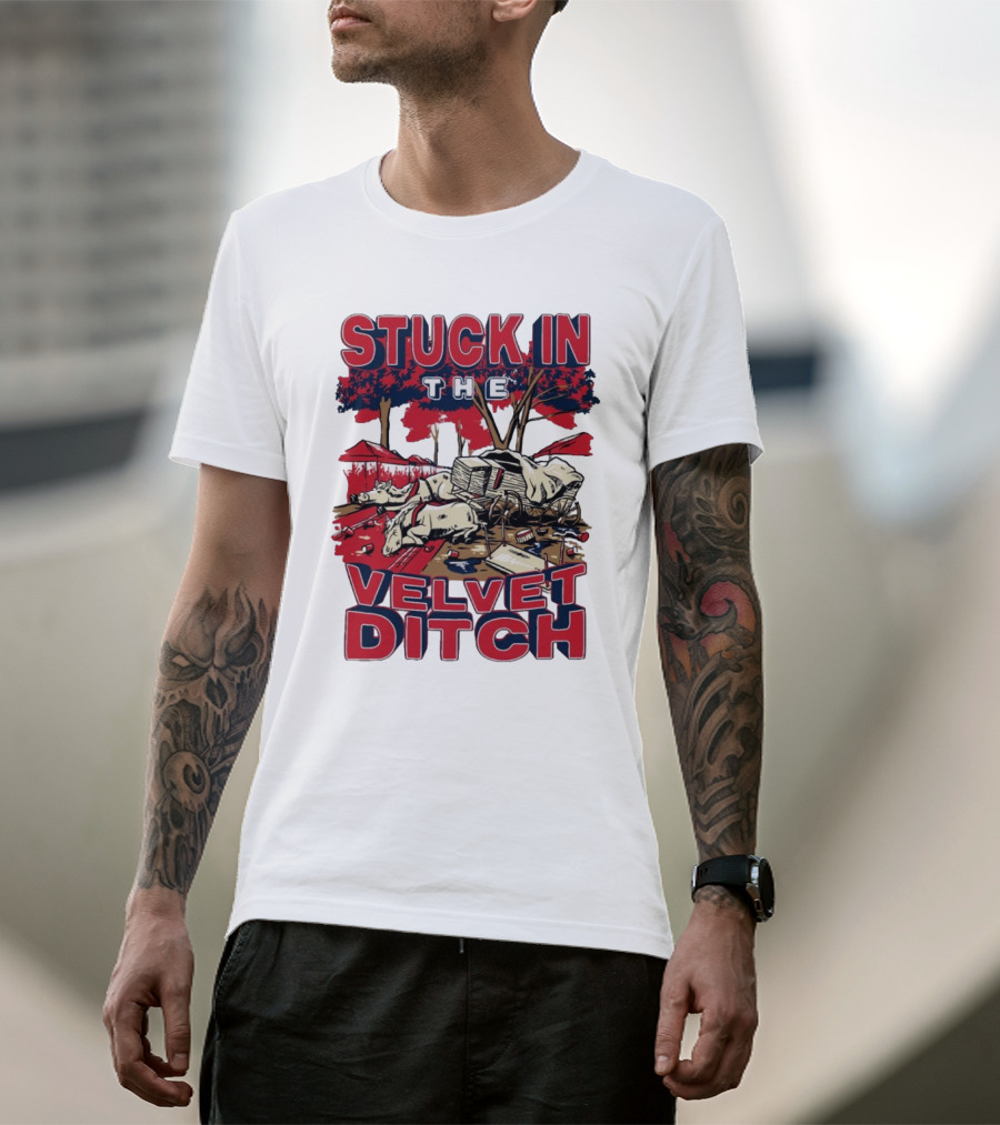 Stuck In The Velvet Ditch Ole Miss Rebels Wagon Red Blue Trees T-Shirt