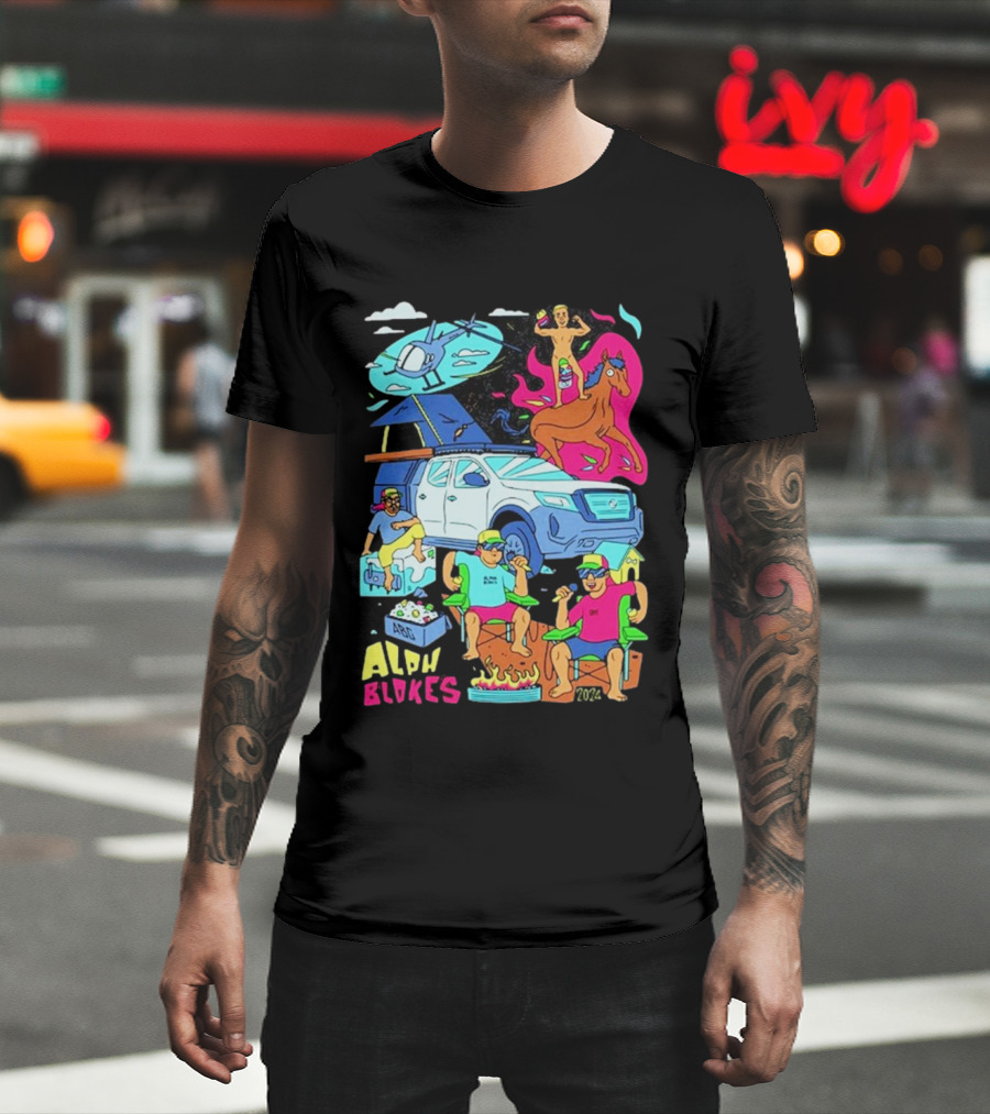 Alpha Blokes Podcast Cartoon Adventure Helicopter Beer Camping Fire T-Shirt