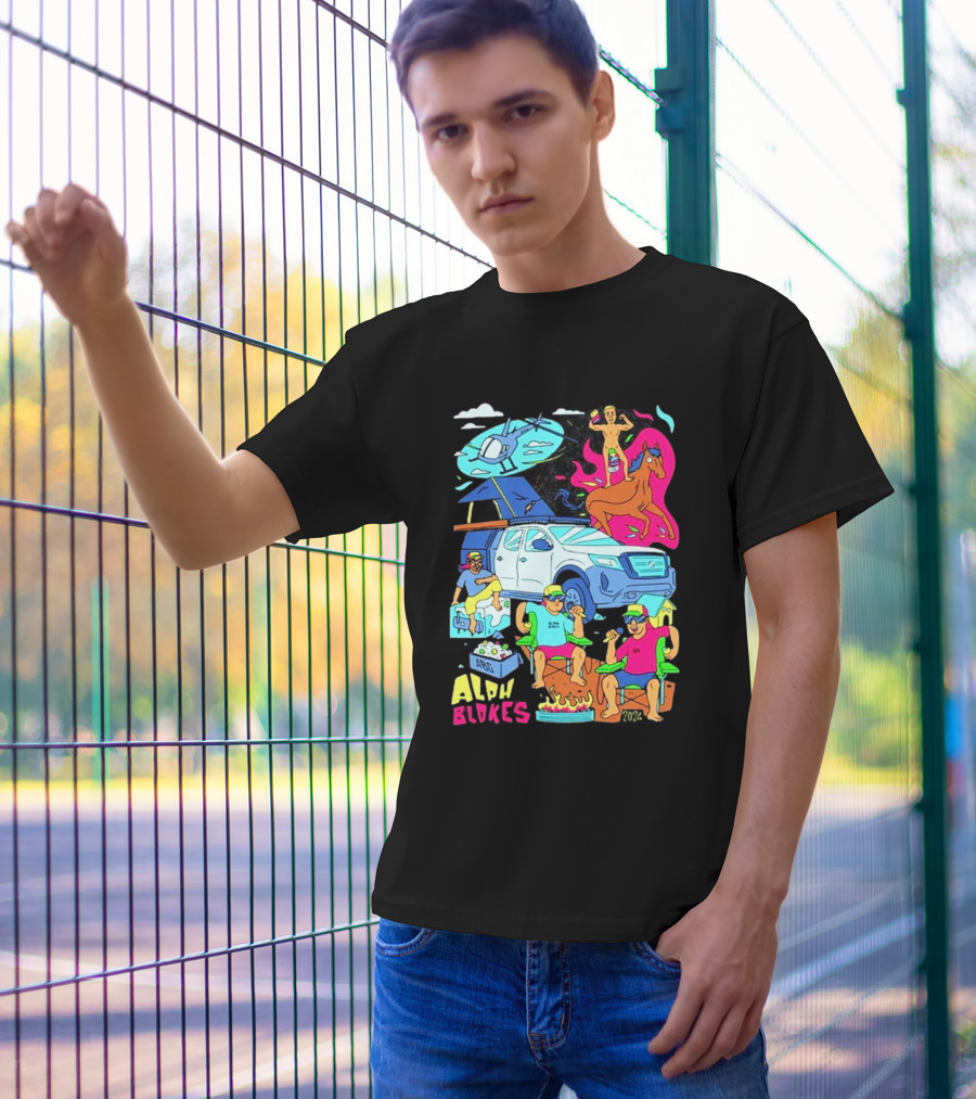 Alpha Blokes Podcast Cartoon Adventure Helicopter Beer Camping Fire T-Shirt